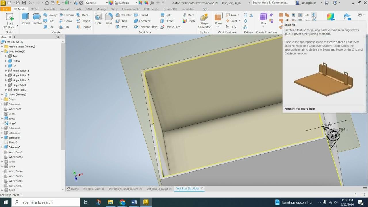 Creating Snap Fits in Inventor from Basic Box - YouTube