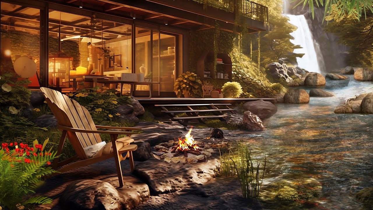 Summer Cozy Porch Ambience with Waterfall, Campfire and River Sounds ...