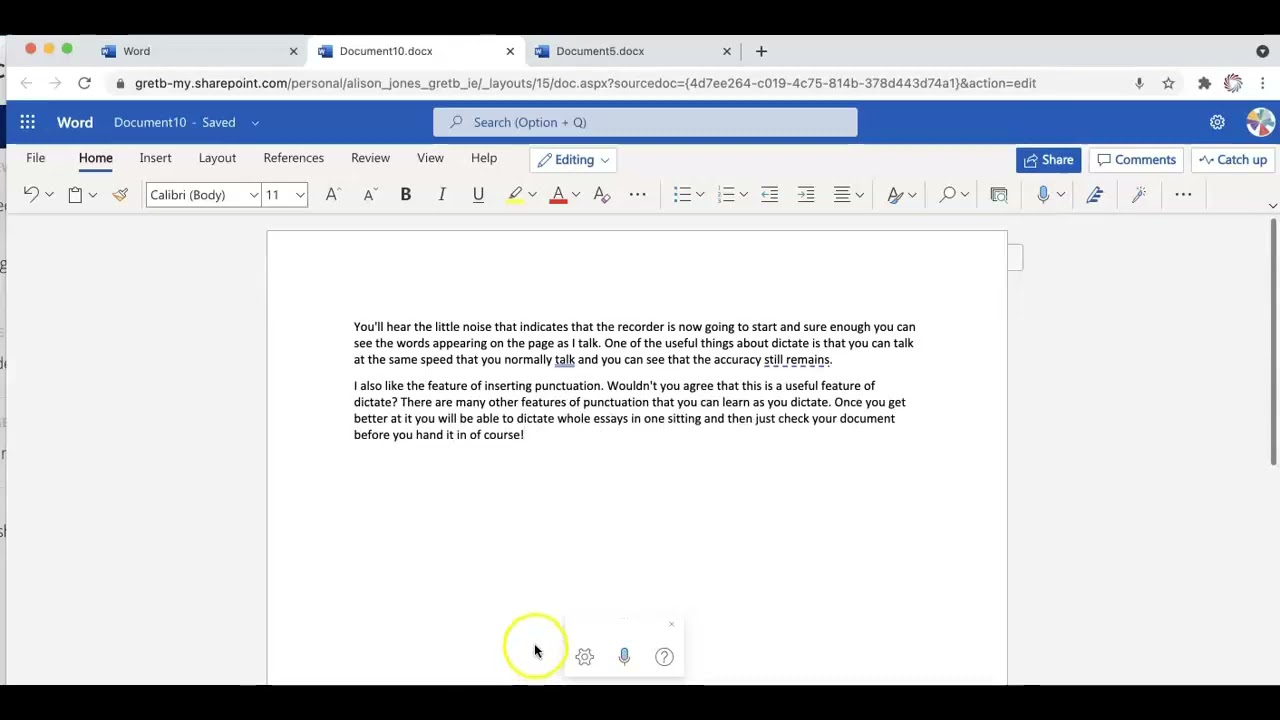 Using the dictate function in Microsoft Word Web App - YouTube