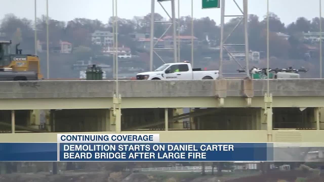 Demolition starts on Daniel Carter Beard Bridge after large fire - YouTube