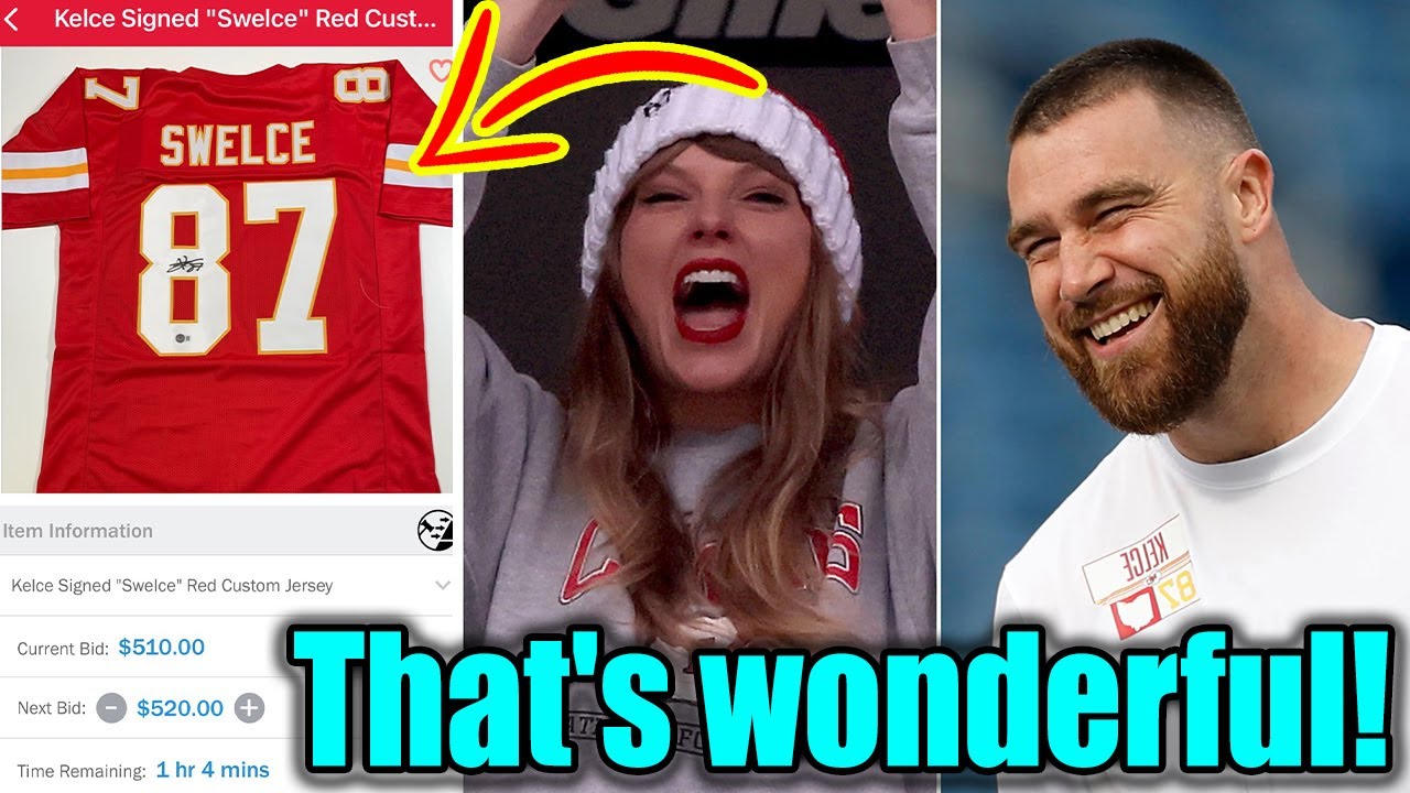 OMG! Travis Kelce singed 'SWELCE' red custom jersey, SWIFT so happy ...