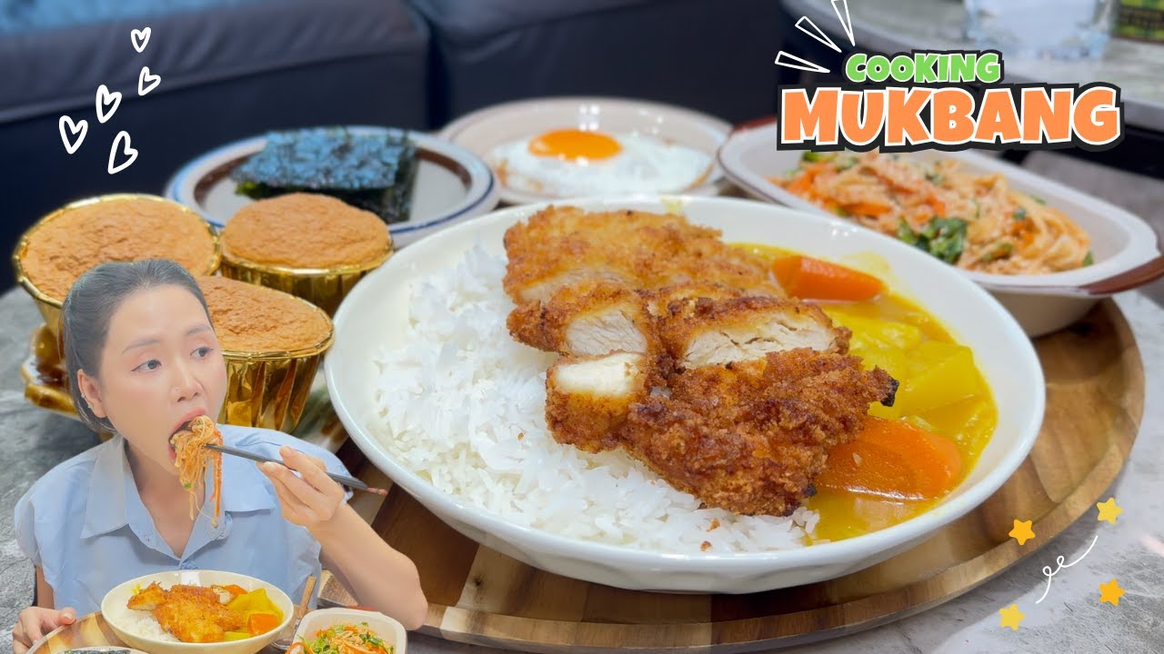 Curry rice 🍛 and fried pork! Delicious enoki mushroom salad and sponge ...