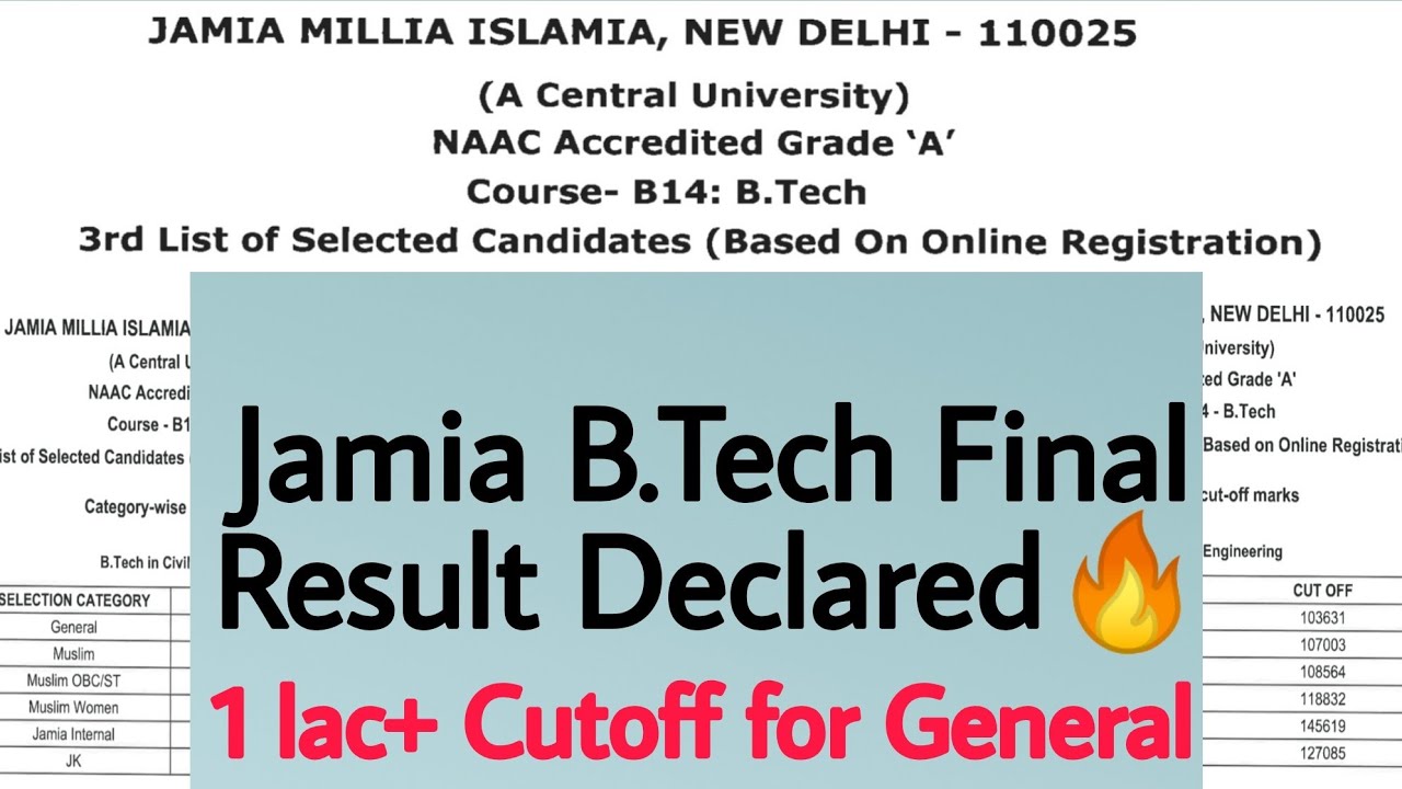 Jamia B.Tech Final Result Declared 2021🔥1 Lac+ JEE Mains Cutoff for ...