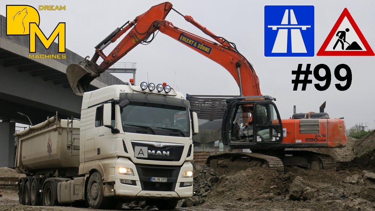 powerful machines @ highway construction [99] Hitachi excavator bridge ...