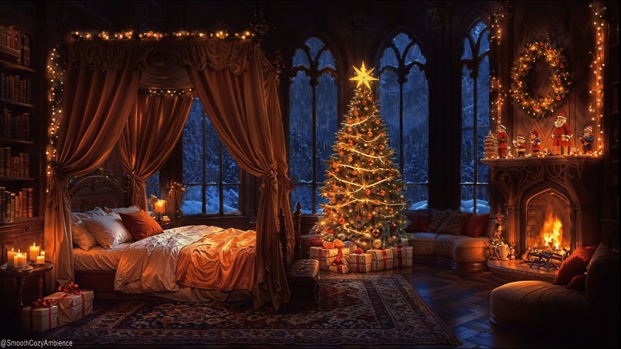 🎄 Christmas - Nighttime Cozy Castle Room With Soft Rain And ...