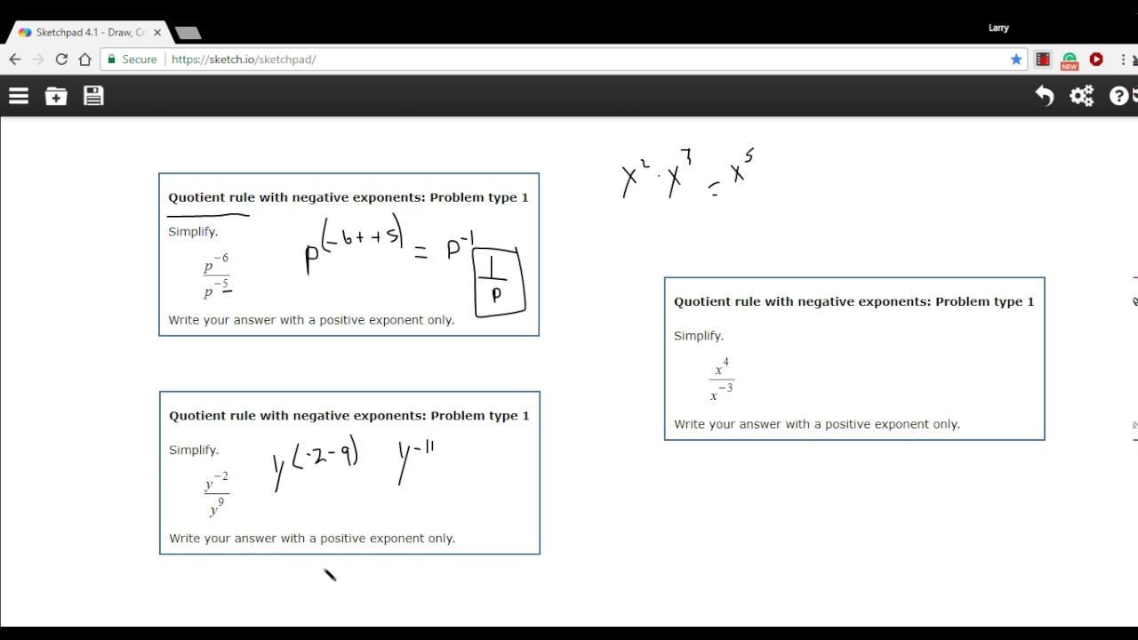 Quotient rule with negative exponents - YouTube