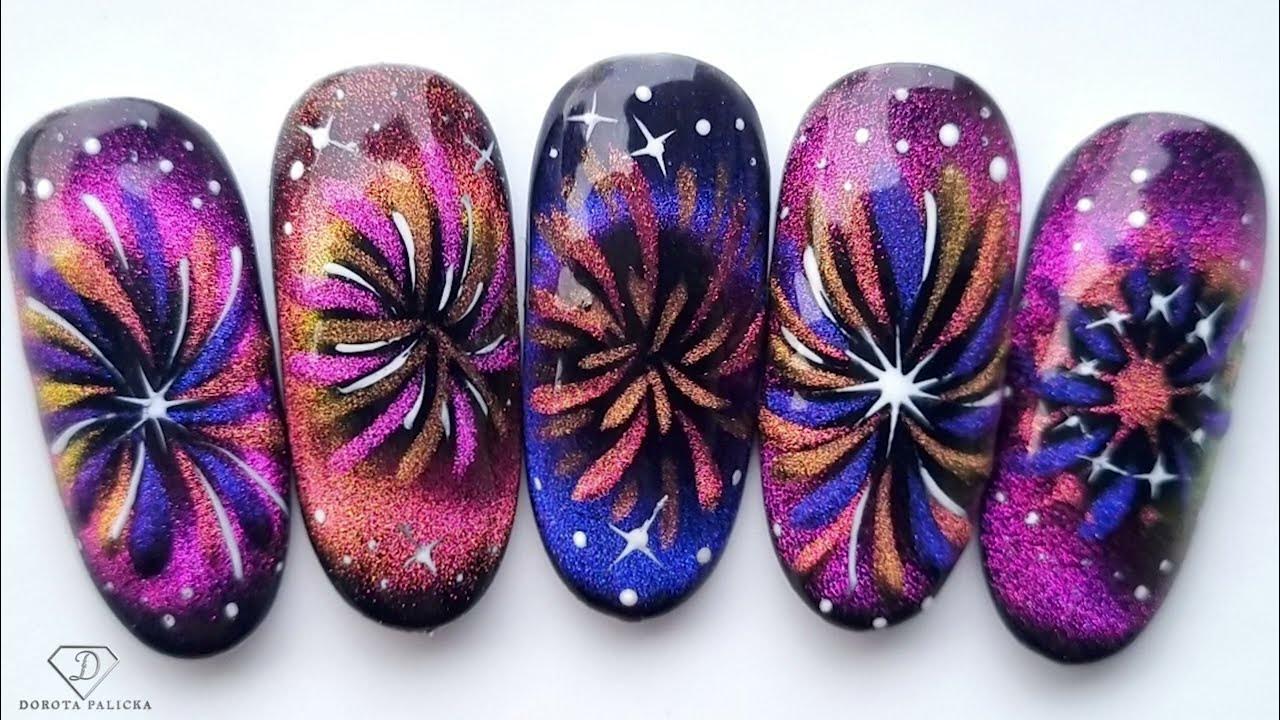 Fireworks nail art. Quick and Easy cat eye nail art for New Year - YouTube