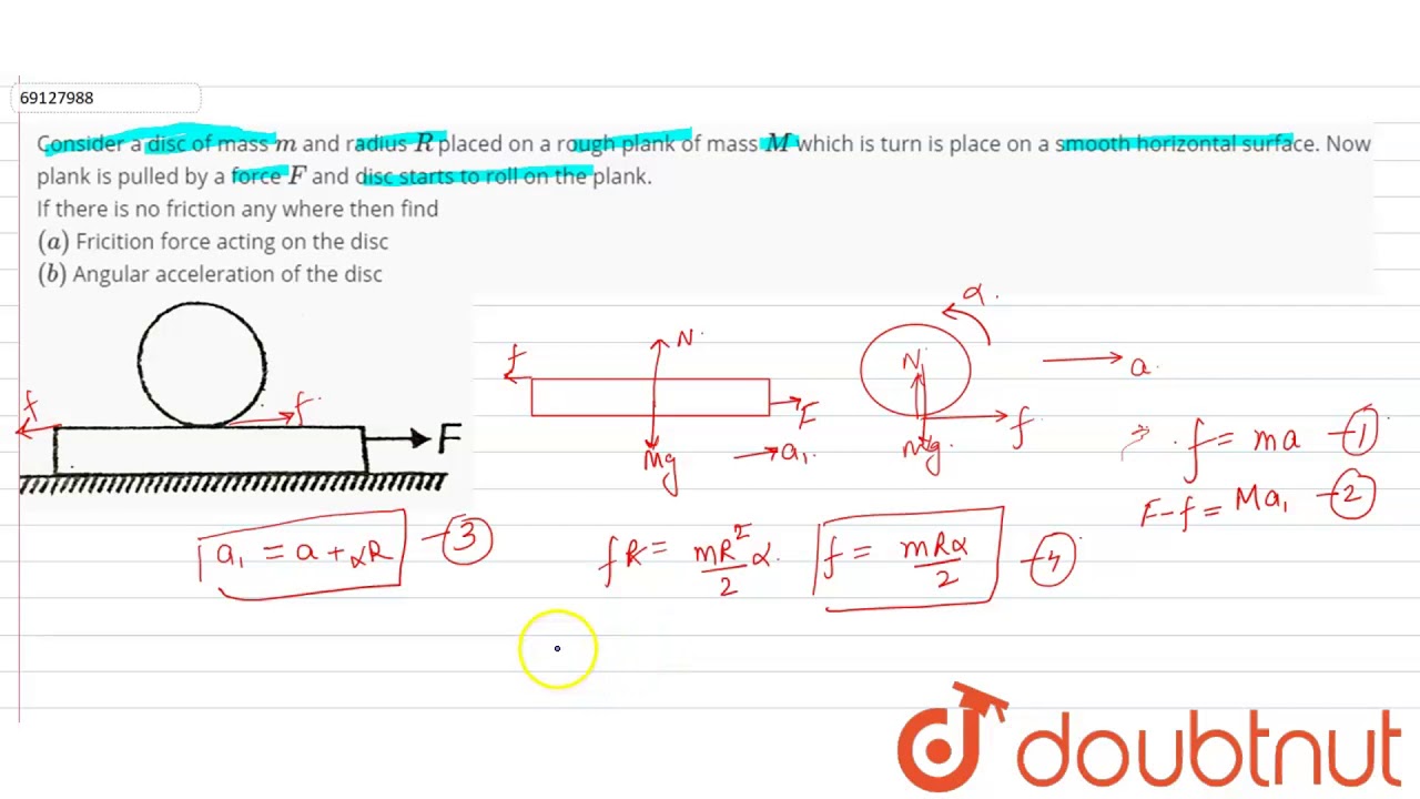 Consider a disc of mass `m` and radius `R` placed on a rough plank of ...