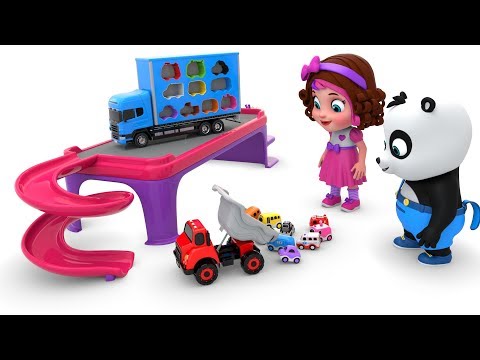 Pinky and Panda Play with Vehicles Shapes Sorter Toy and Dump Truck