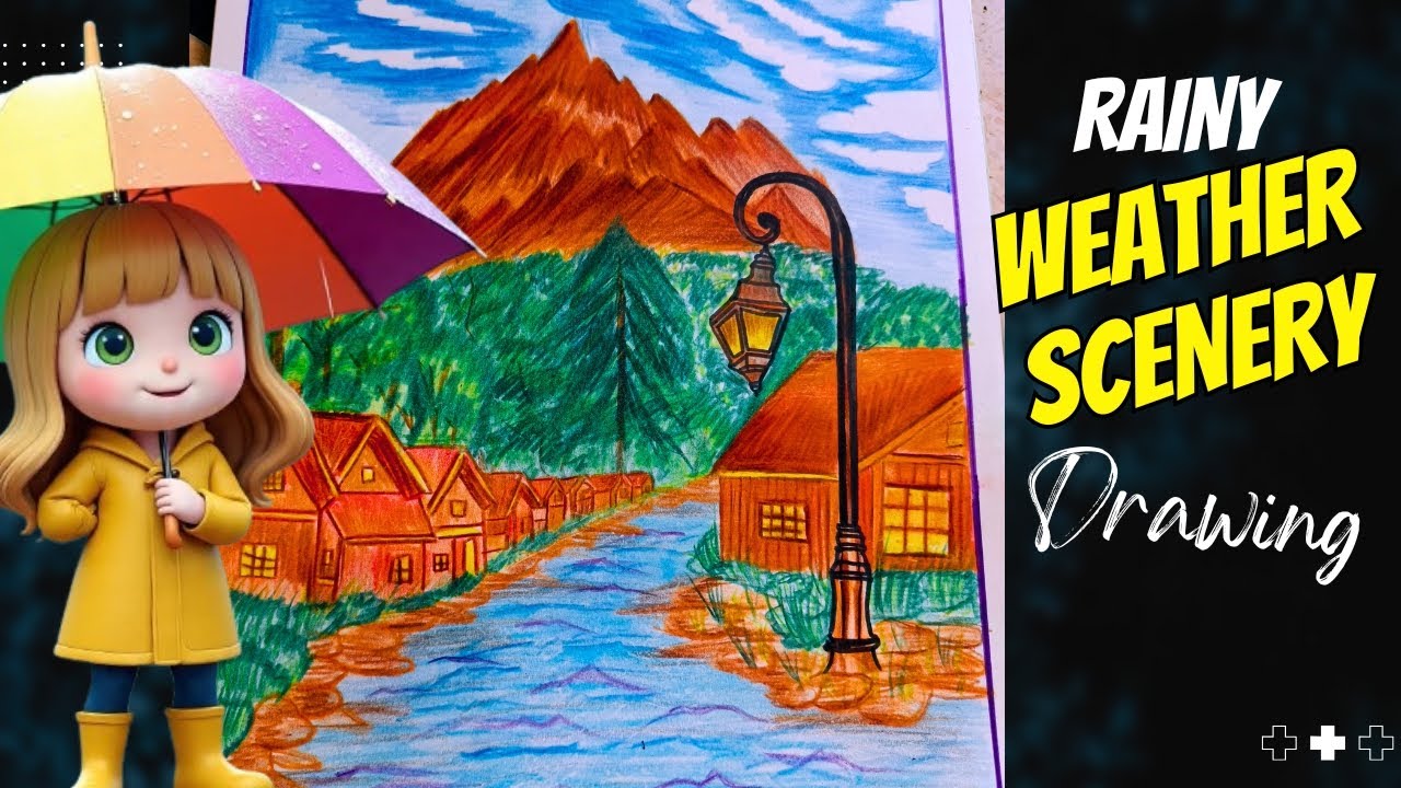 Rainy Weather Scenery Drawing | Easy Mountain Village Landscape with ...
