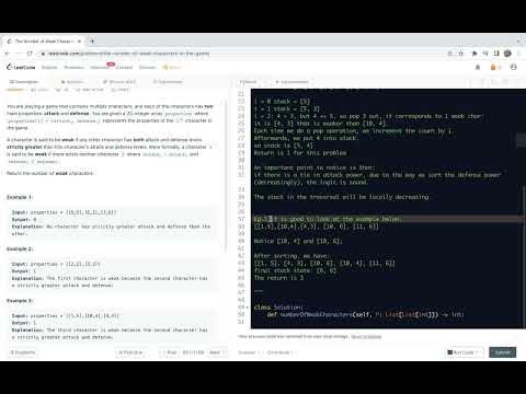 Leetcode 1996. The Number of Weak Characters in the Game - monotonic stack - YouTube