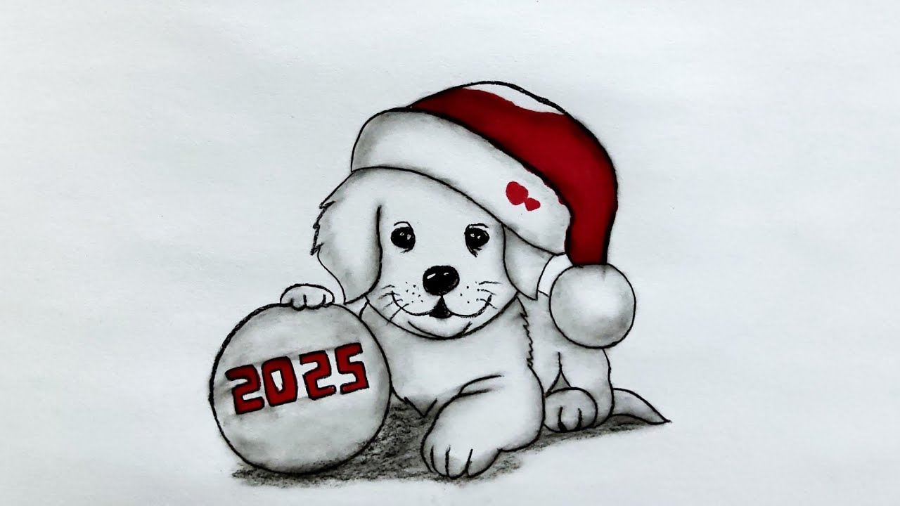 2025 Happy New Year Drawing - Dog Drawing Wearing a New Year's Hat ...