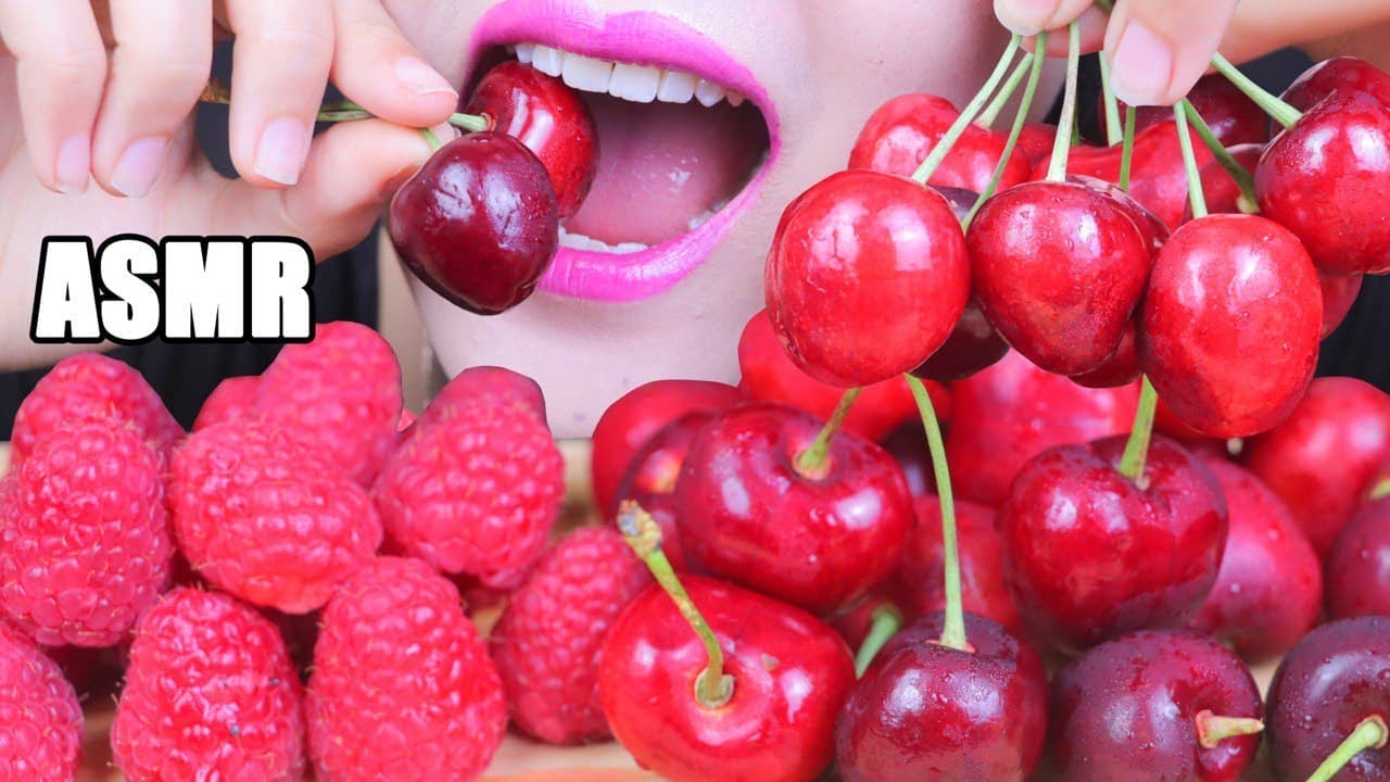 ASMR EATING RED FRUIT *American Cherry + Raspberry 먹방 (Eating Sound ...