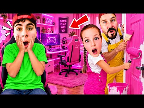 ABİME DEV KIŞKIRTMA! ODASINI PEMBE İLE KAPLADIK! ADA HER YERİ PEMBE BOYADI!