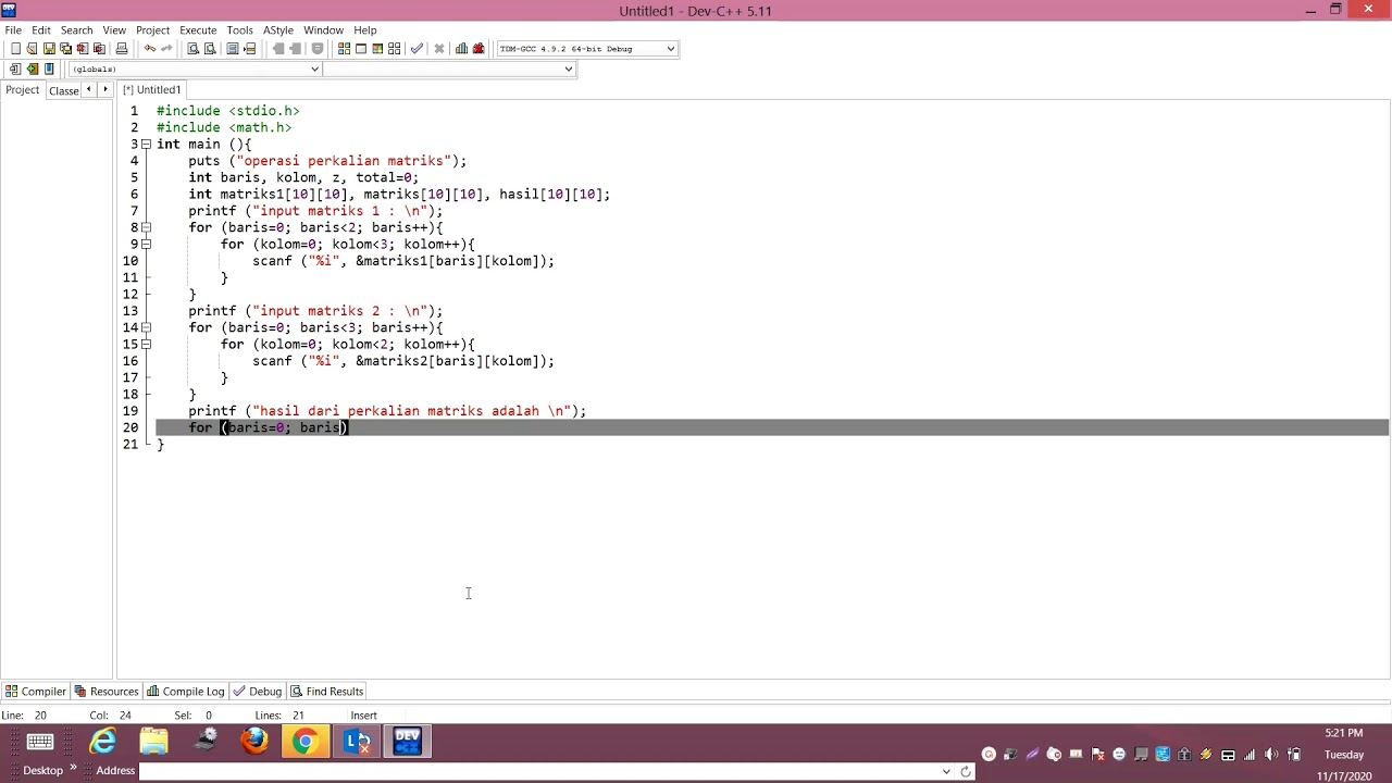 Membuat Program Menggunakan Bahasa C Untuk Melakukan Operasi Perkalian Matriks (Array) - YouTube