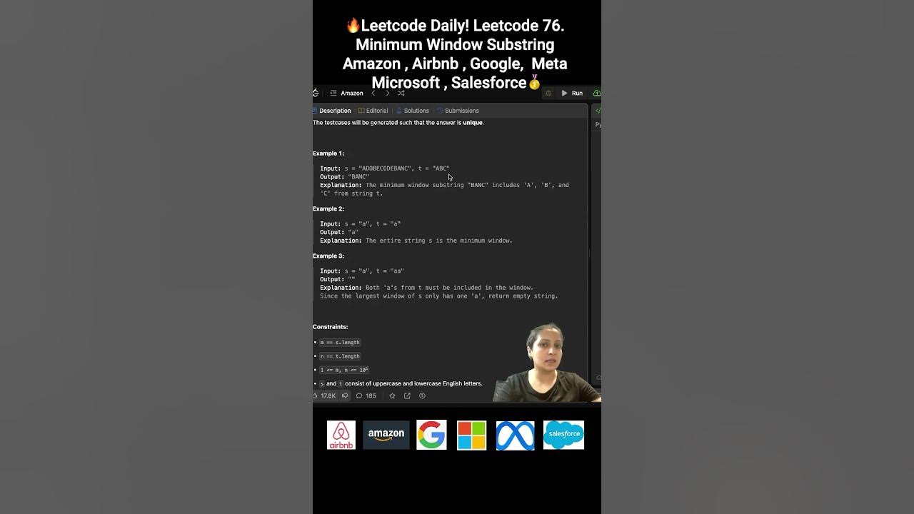 🔥Leetcode Daily! Leetcode 76. Minimum Window Substring #amazon #airbnb #google #meta #shorts 🏆 ...