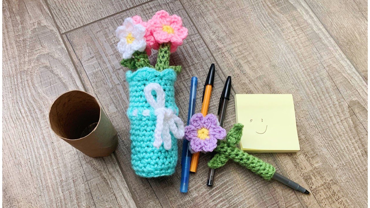 How to Crochet Flower Pen Toppers in a Vase, and Re-use Toilet Paper ...