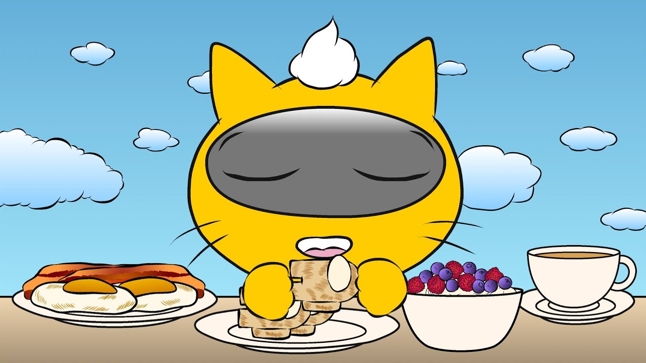 ASMR cat cartoon cooking eating breakfast mukbang animation with Among ...