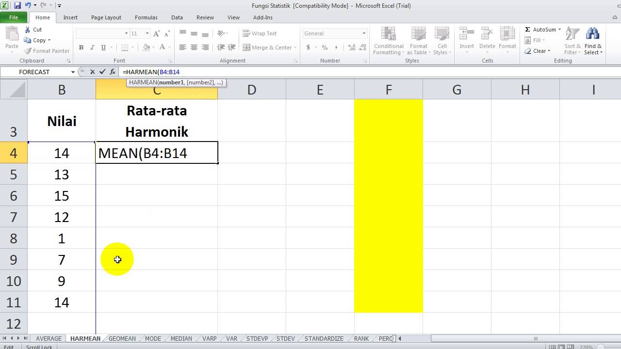 Cara mengitung nilai rata rata harmonik dengan fungsi HARMEAN - YouTube