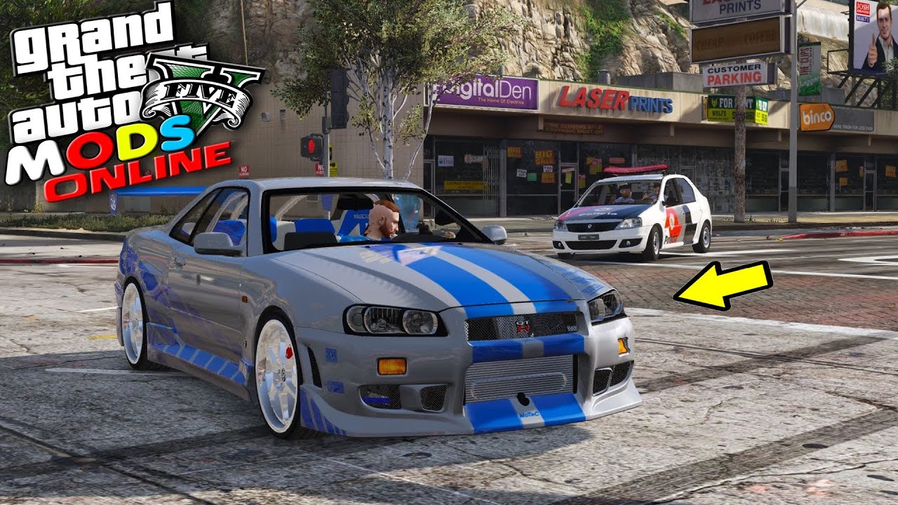 ROLE E FUGA COM O SKYLINE DO BRIAN - GTA 5 MODS - YouTube