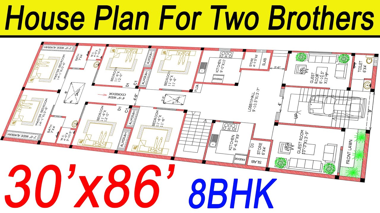 Two Brothers House Plan | 30x86 Ka Naksha | 2500 Sqft | 280 Gaj | 8BHK ...