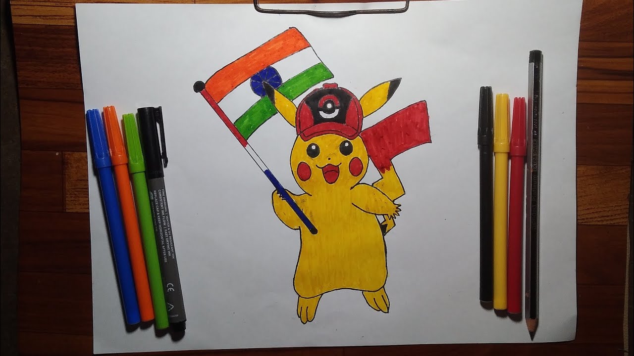 Anime drawing|Easy Pikachu drawing|How to draw Pikachu holding Indian ...