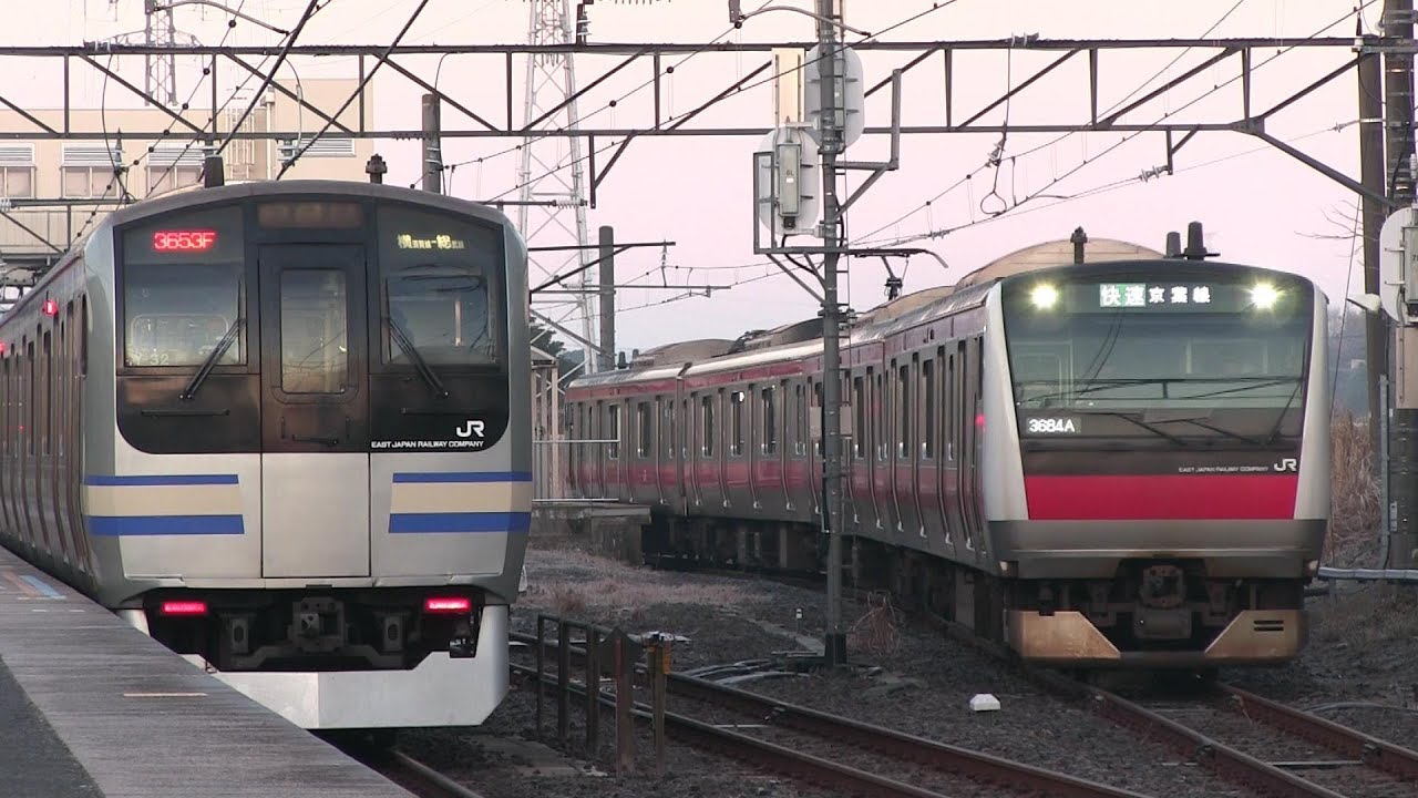 E217系とE233系がいる朝の成東駅 - YouTube