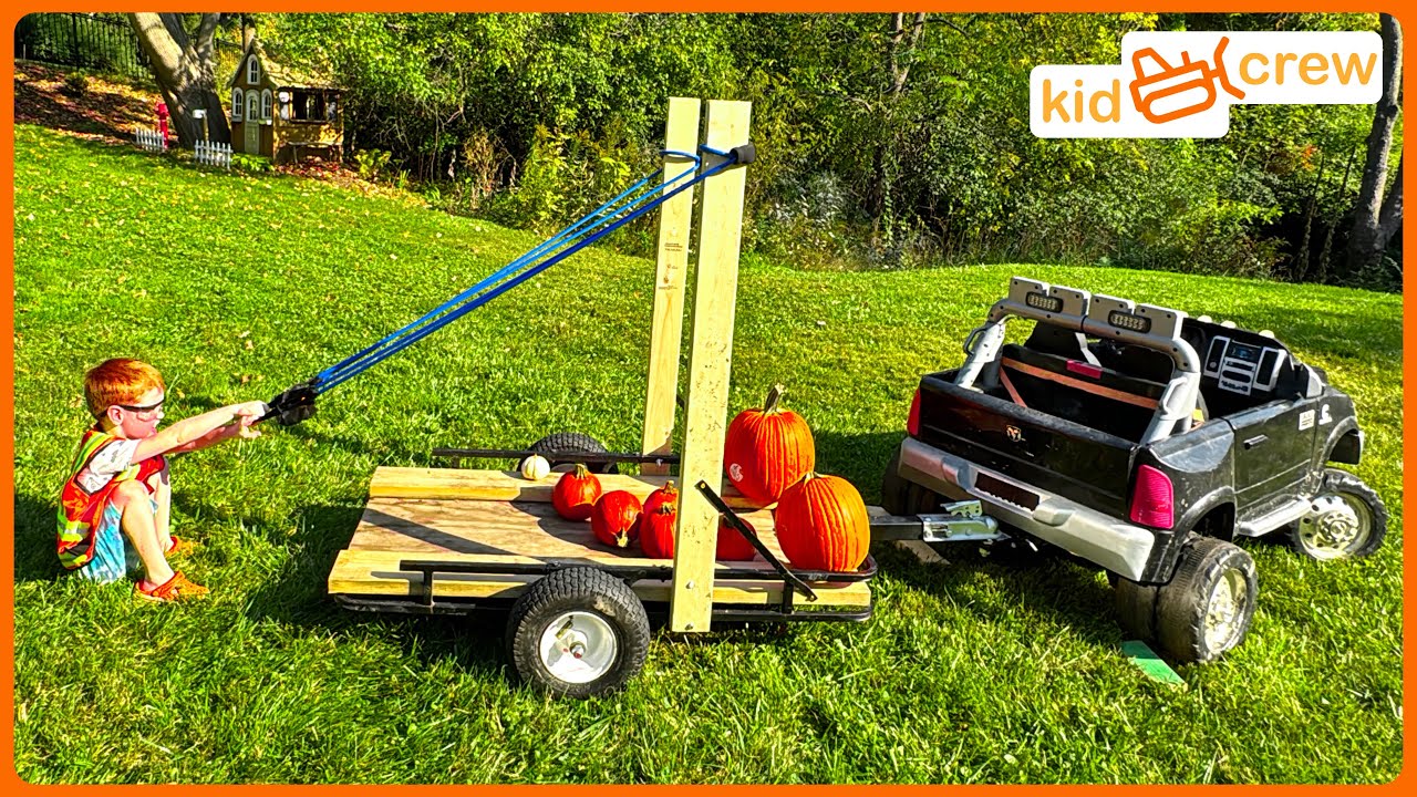 Flying pumpkin delivery with ride on truck and trailer. Educational ...