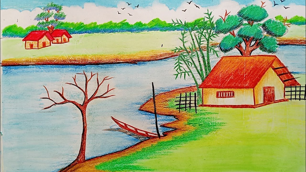 simple river side village scenery drawing | riverside house drawing ...