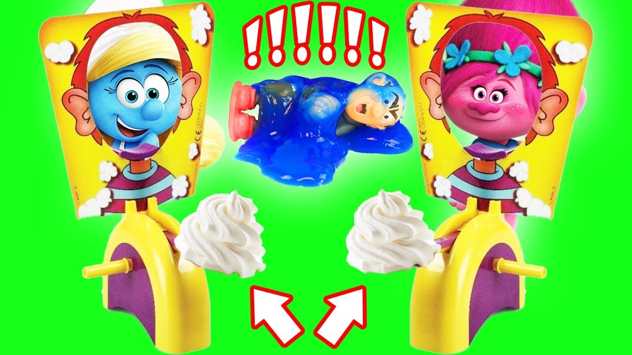 Trolls VS Smurfs Pie Face Game with Poppy, Smurfette, Branch, Gargamel ...