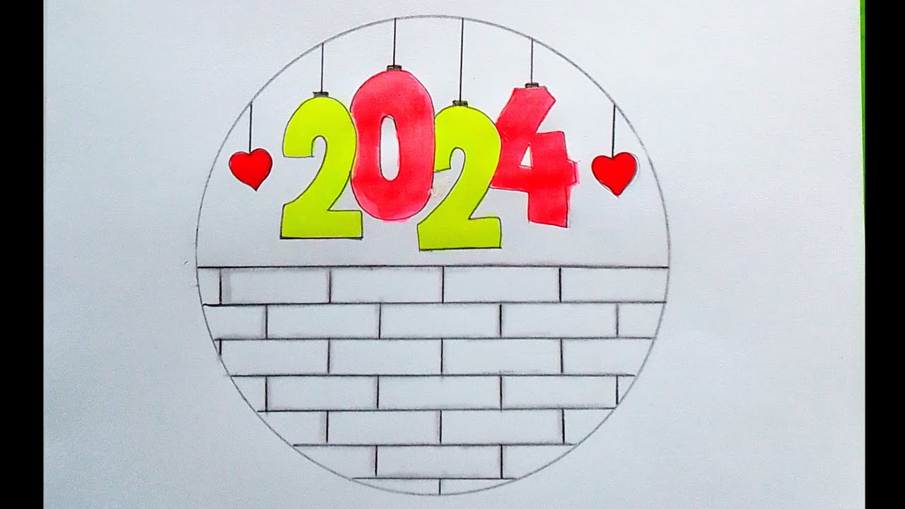 New year drawing 2024/ Happy new year poster drawing/ Simple cricle ...