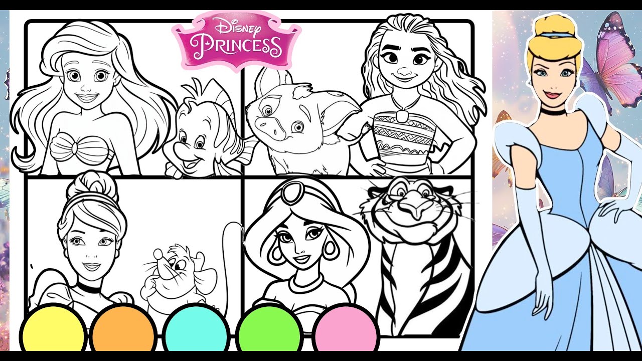 Coloring Disney PRINCESSES Together - ARIEL MOANA CINDERELLA - COLORING ...