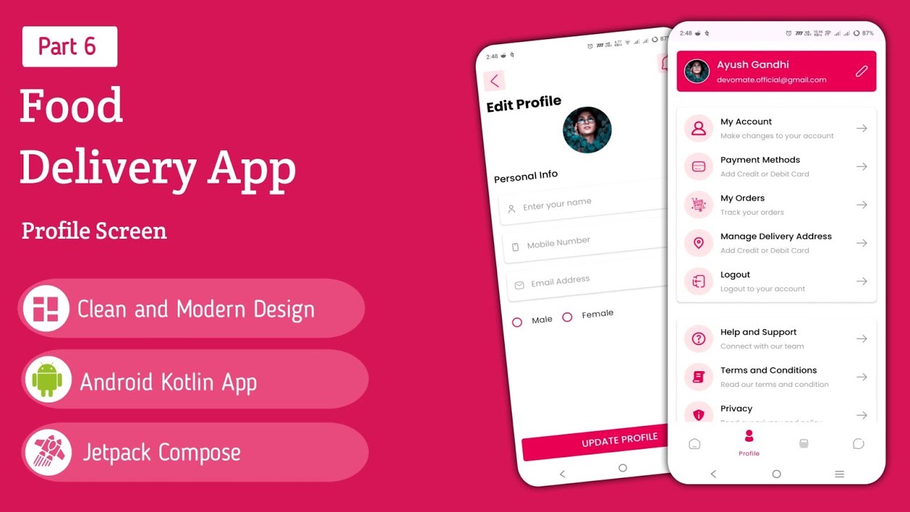 Food Delivery App UI Kotlin Tutorial | Profile Screen in Android Studio ...