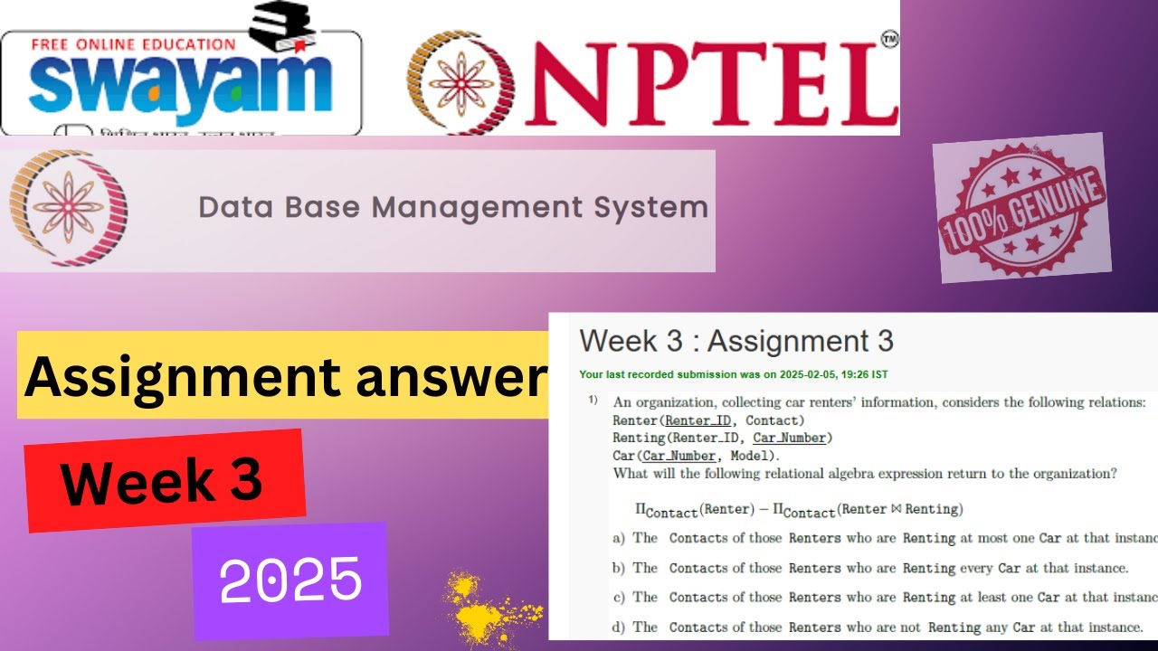 Database Management System Dbms Week 3 Assignment Solutions Swayam 6526