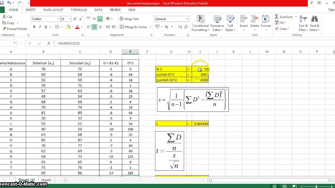 Uji Dua Sampel Berpasangan (paired t-test) excel - YouTube