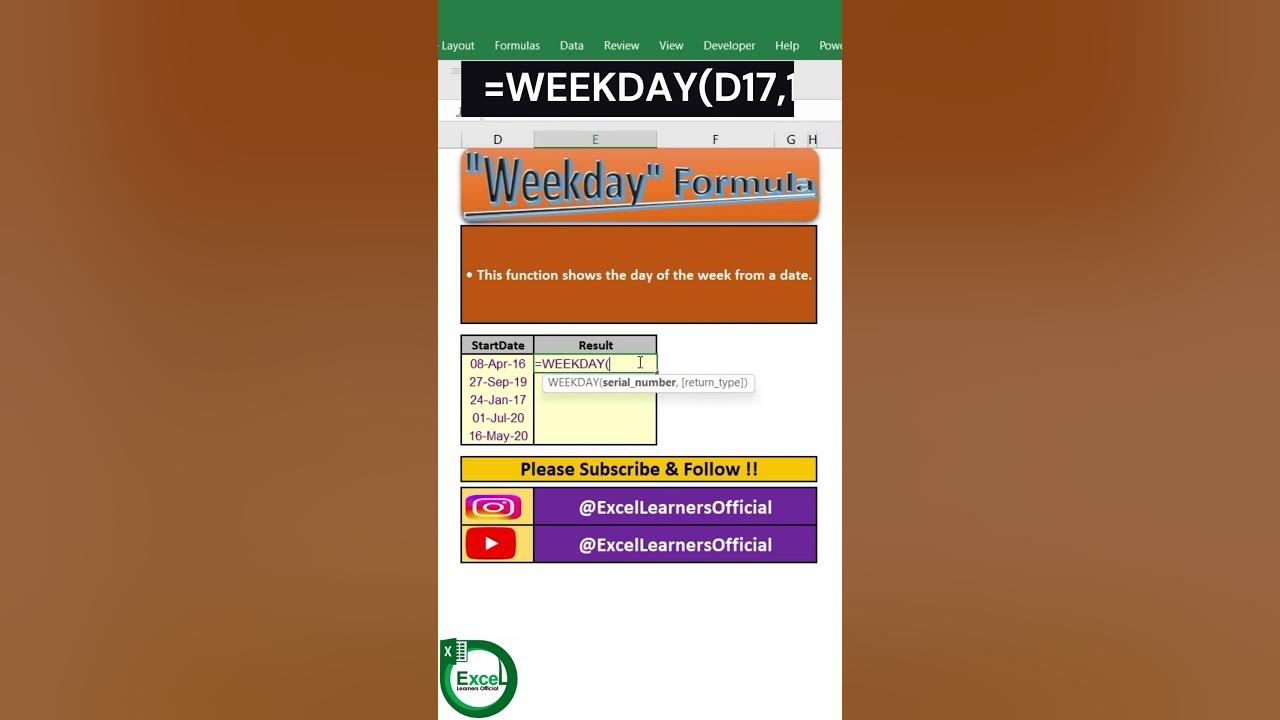 Weekday Formula In Excel Shortsfeed Shortsviral Ytshorts Youtube