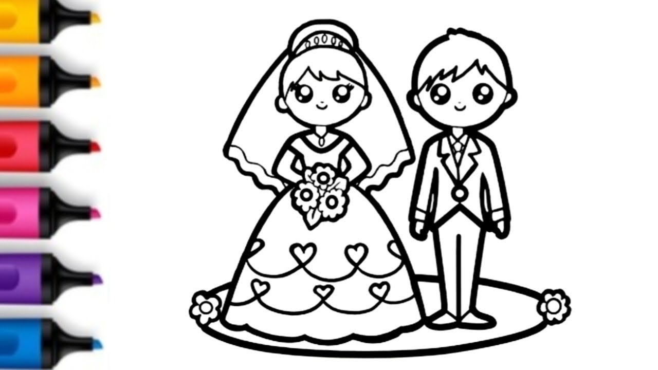 How to draw Bride & Groom Drawing, Painting and Coloring For Kids ...