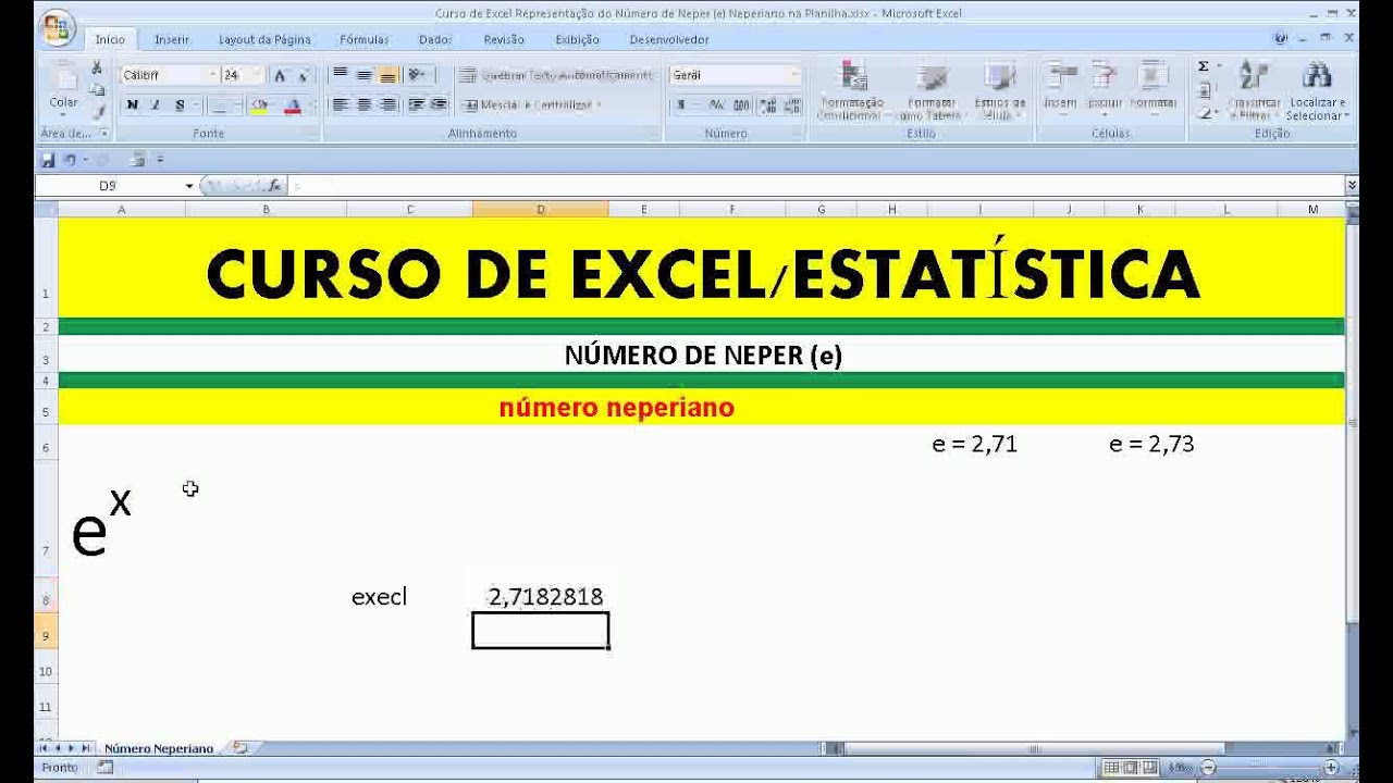 Número de Neper (e) ou Neperiano de Euler no Excel Representação na ...