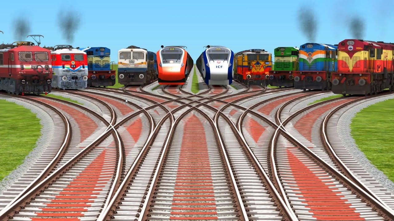 TEN RAILS PASSING BY CURVED BRANCHED RAILROAD TRACKS RISKY RAILROAD ...