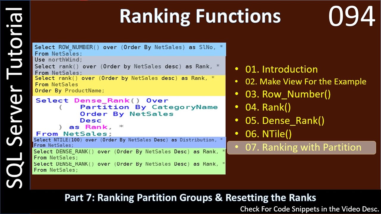 Ranking Function Part 7 Ranking With Partition Ssms Tsql Tutorial 94 Youtube 4822