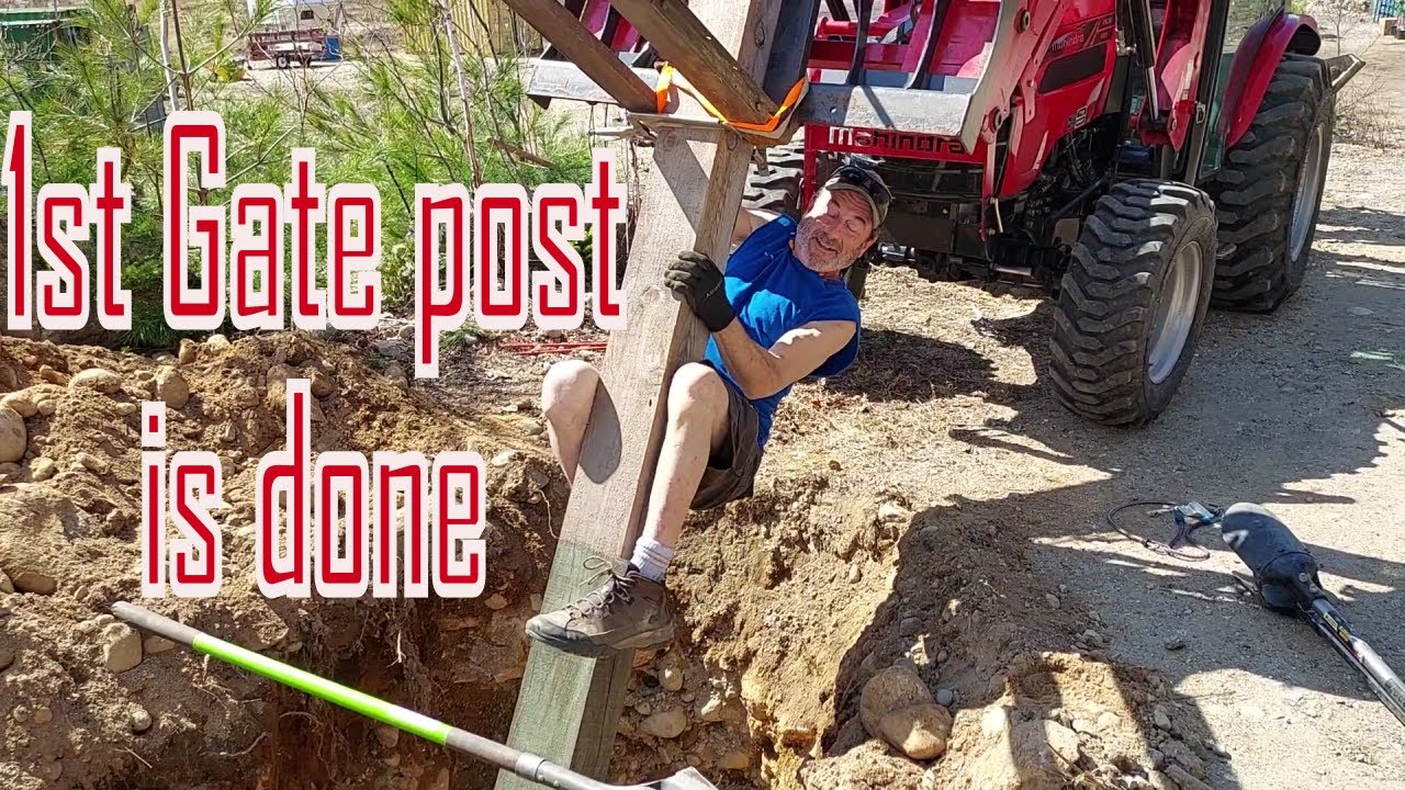 Setting the 1st gate post for our driveway gate on the homestead. - YouTube