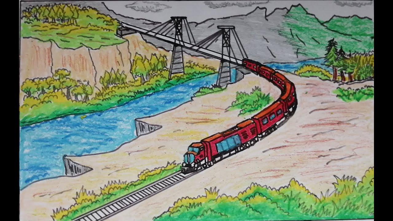 MENGGAMBAR KERETA API || HOW TO DRAW A TRAIN AND BEAUTIFUL VIEW - YouTube
