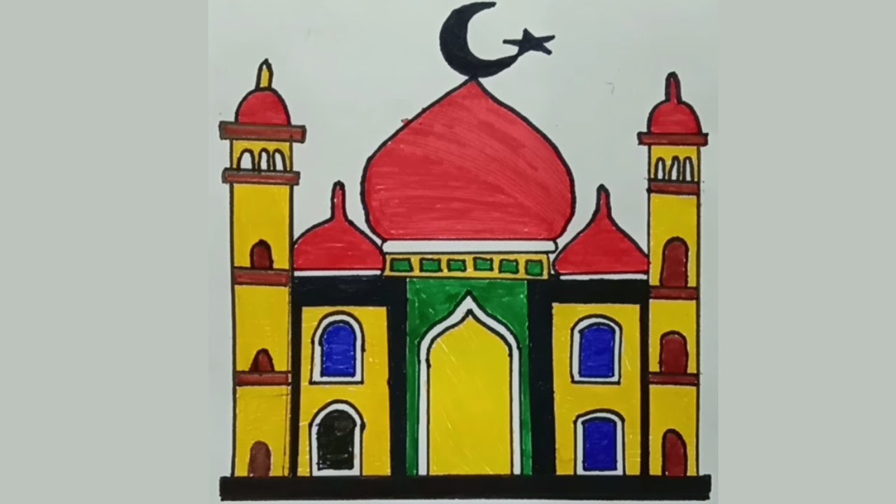 Mosque drawing easy step by step| Mosque drawing tutorial | Mosque ...
