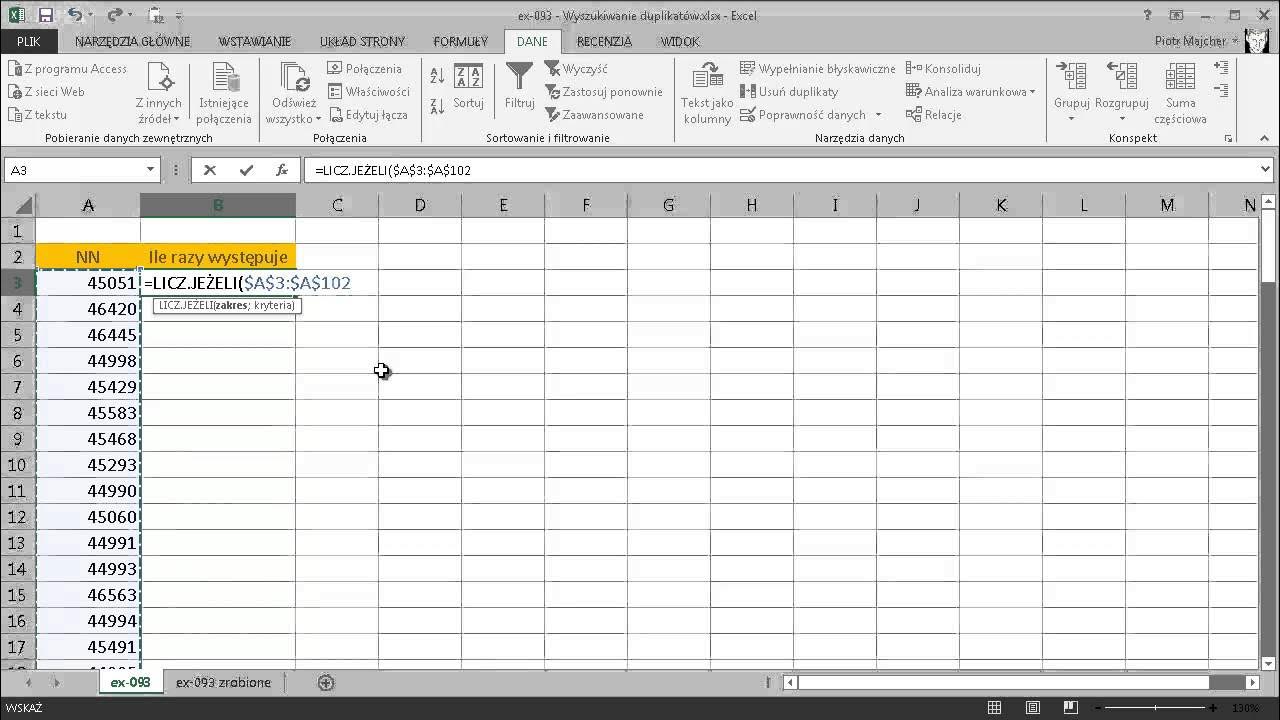excel-093 - Wyszukiwanie duplikatów (funkcja LICZ.JEŻELI) - YouTube