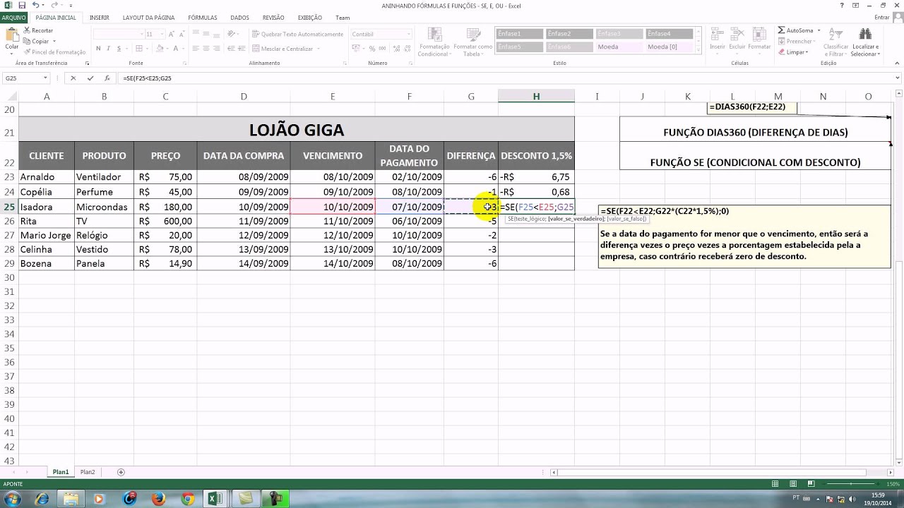 Excel - Função DIAS360 e Função SE Condicional com Desconto - YouTube