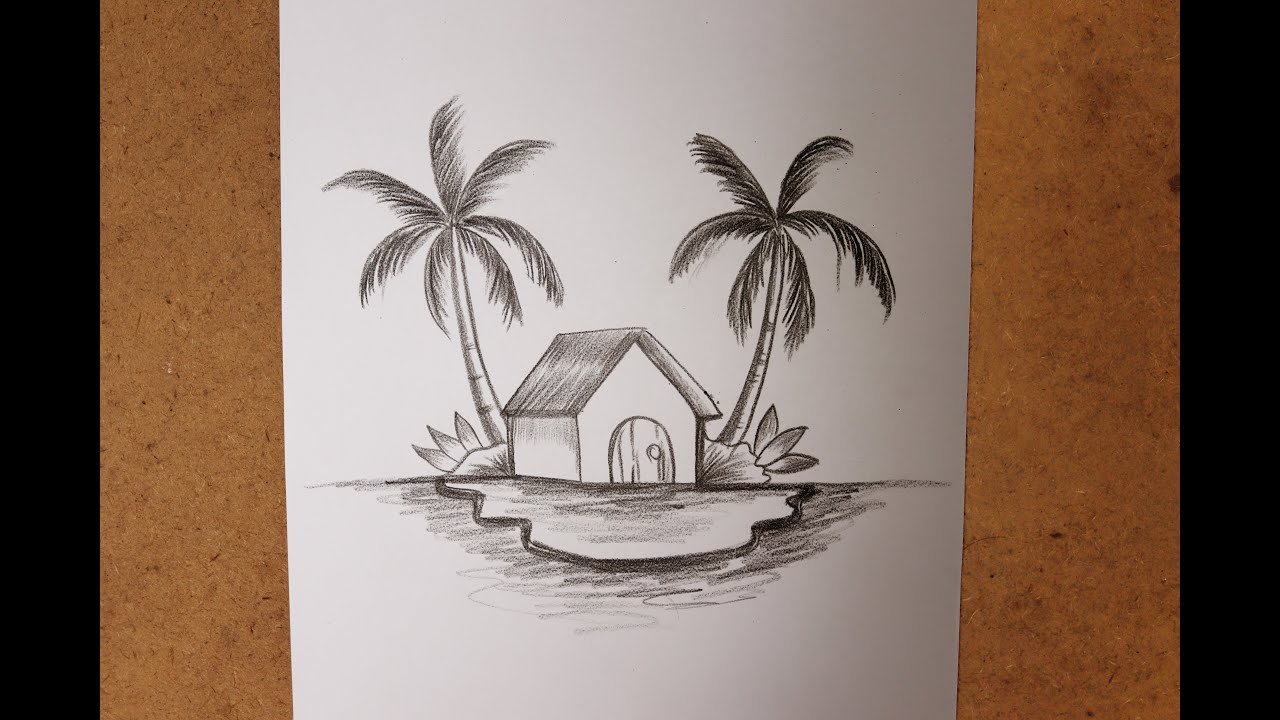 easy drawing a house with coconut tree step by step || How to draw a ...