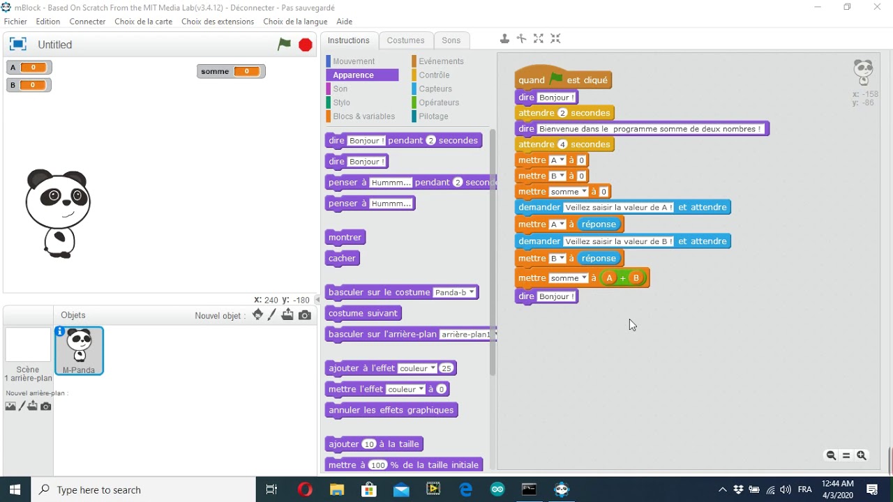 Faire l'addition, la soustraction, la multiplication et la division sur mBlock - YouTube