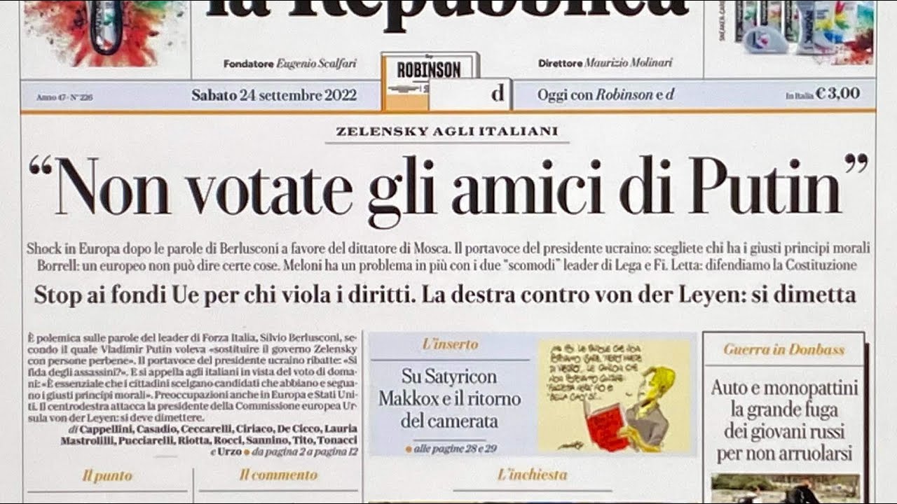 Prime pagine dei giornali di oggi 24 settembre 2022. Rassegna stampa ...