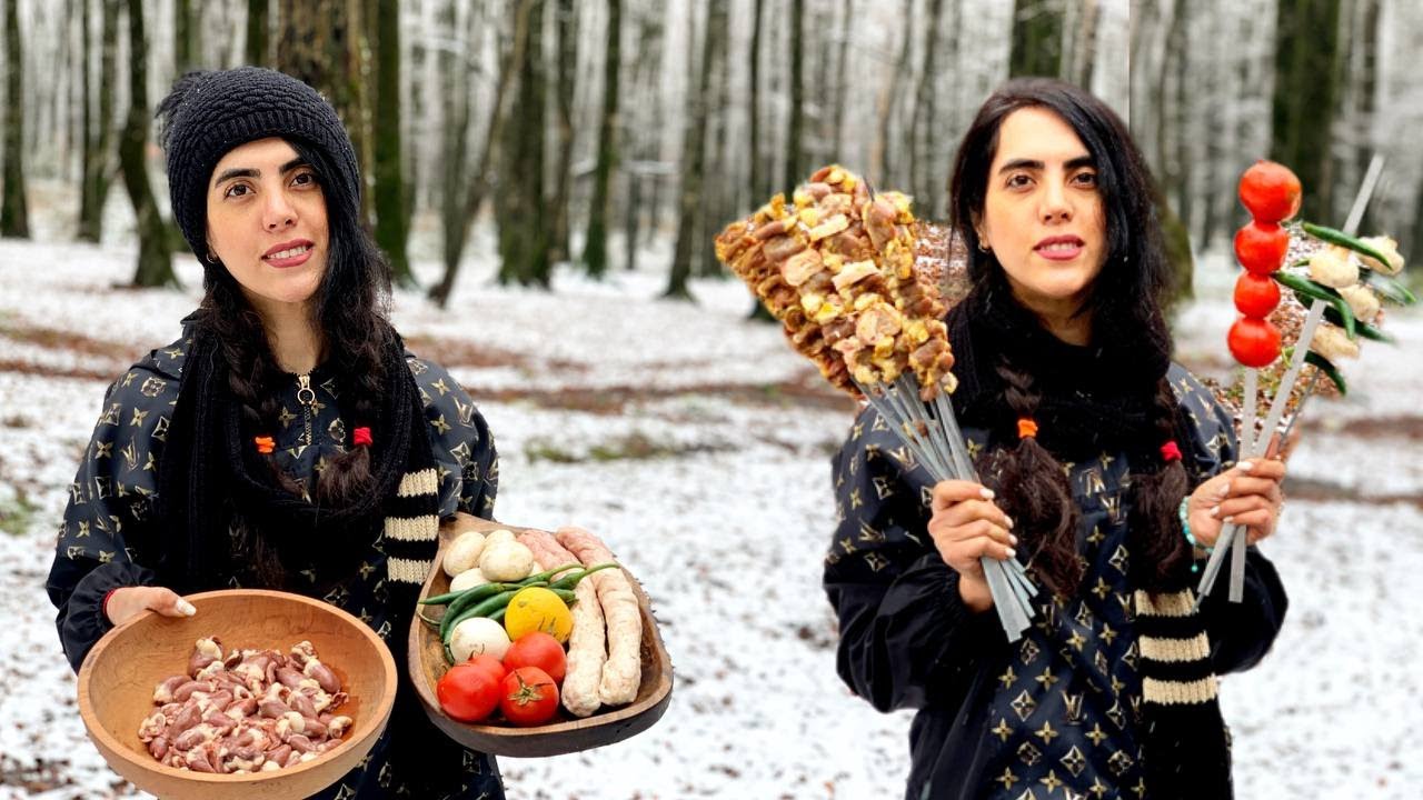 Delicious chicken heart kebab with tail in the snowy nature 🤤😋 - YouTube
