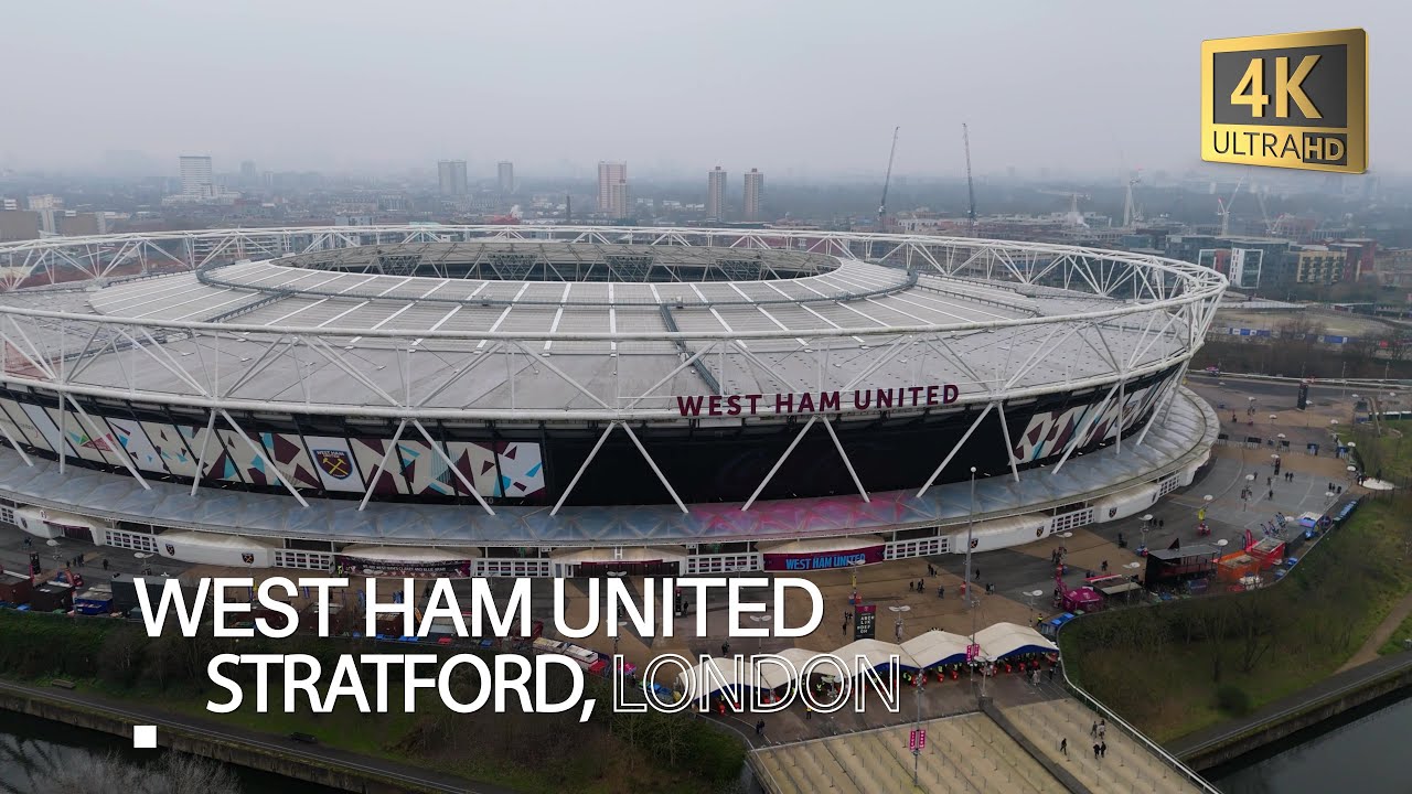 West Ham United Football Stadium drone flyover Stratford, London - 4K ...